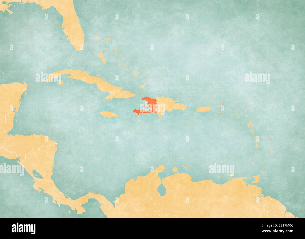 Haiti on the map of Caribbean islands in soft grunge and vintage style ...