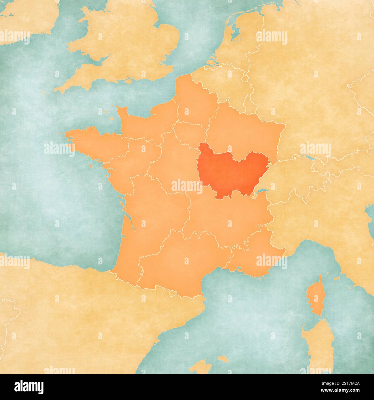 Bourgogne-Franche-Comte on the map of France in soft grunge and vintage ...