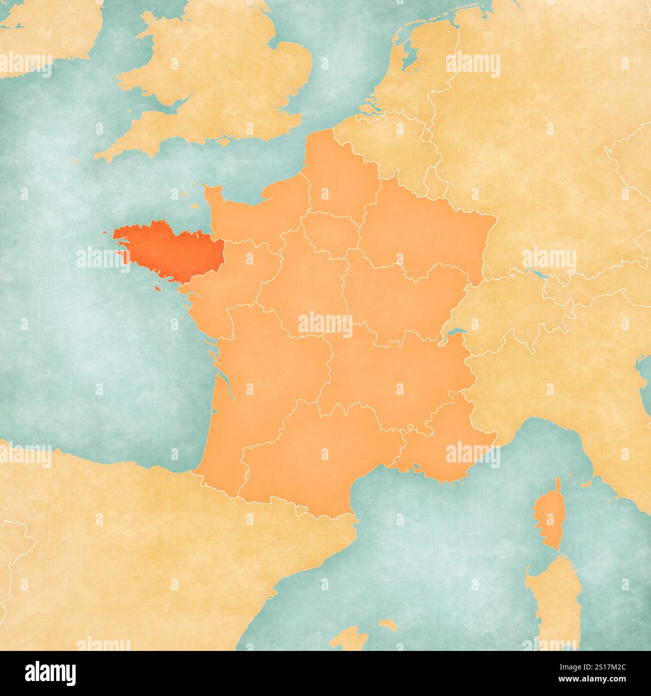 Brittany on the map of France in soft grunge and vintage style, like ...