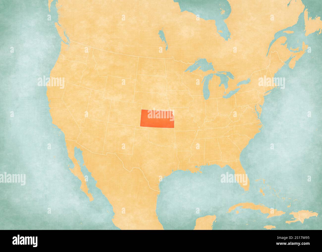 Kansas on the map of United States of America in soft grunge and ...