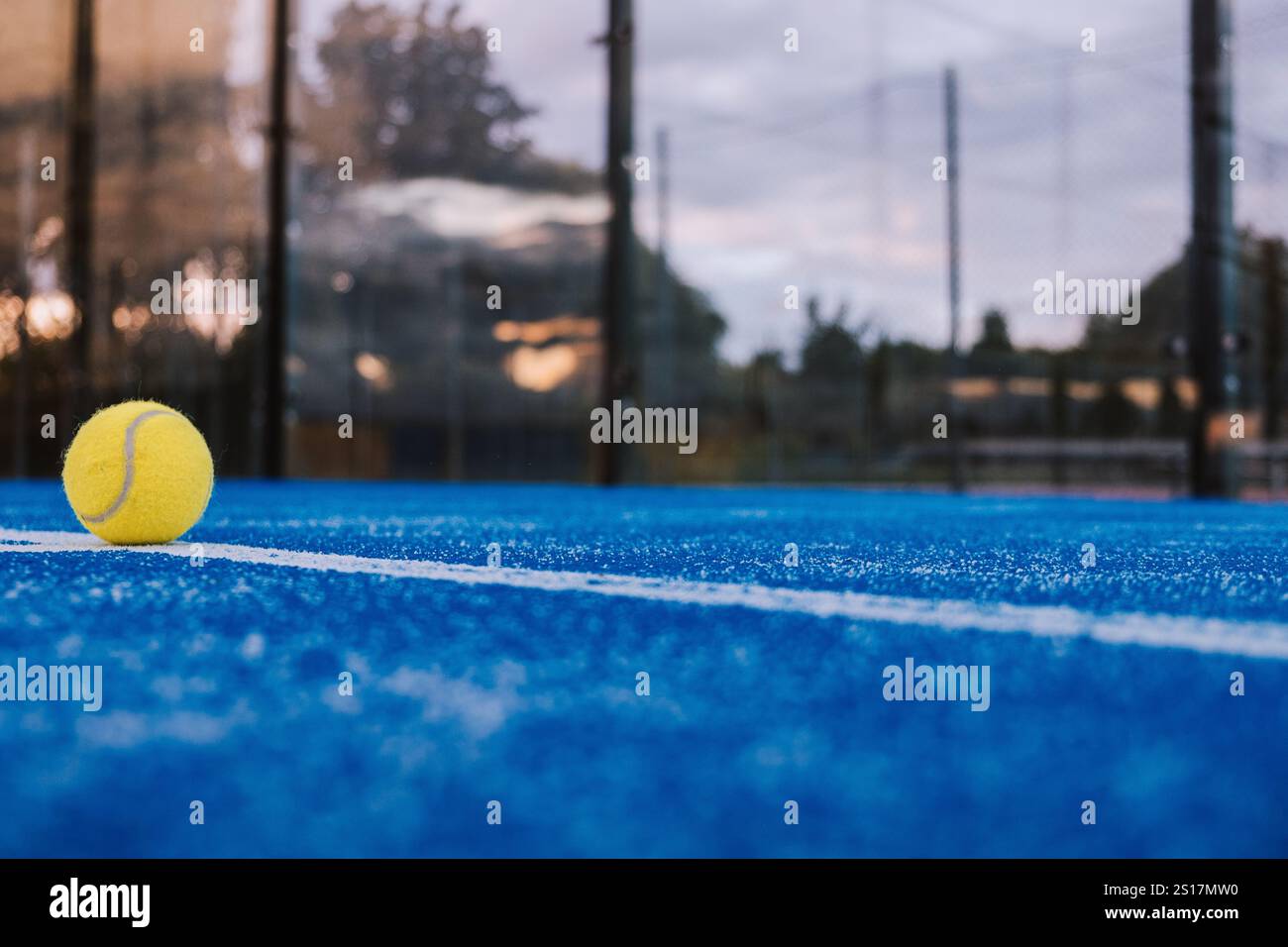 a paddle tennis ball in the line in a blue padel court at sunset ...