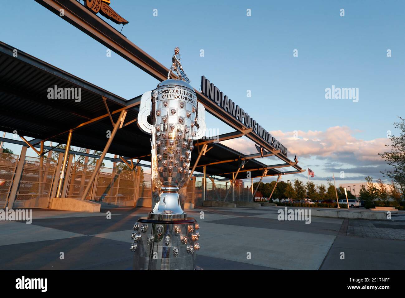 The Borg Warner Trophy sits in front of the Indianapolis Motor Speedway ...