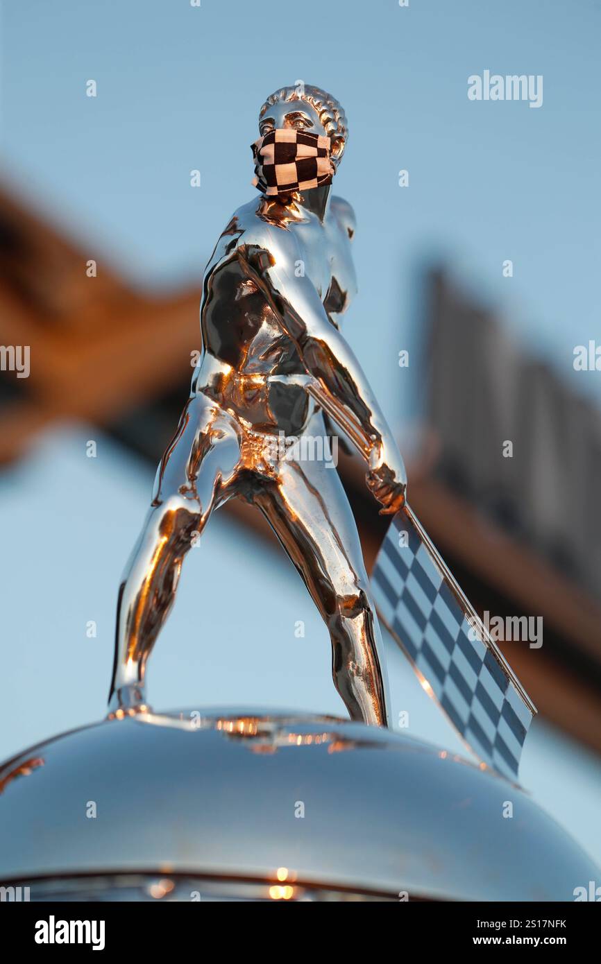 The Borg Warner Trophy sits in front of the Indianapolis Motor Speedway ...