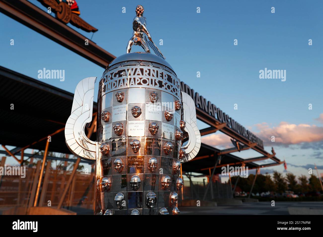 The Borg Warner Trophy sits in front of the Indianapolis Motor Speedway ...