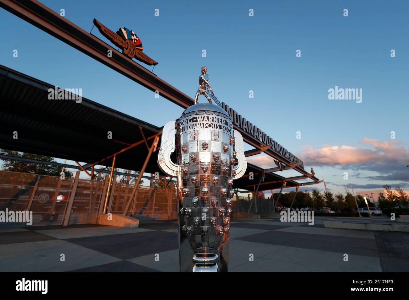 The Borg Warner Trophy sits in front of the Indianapolis Motor Speedway ...