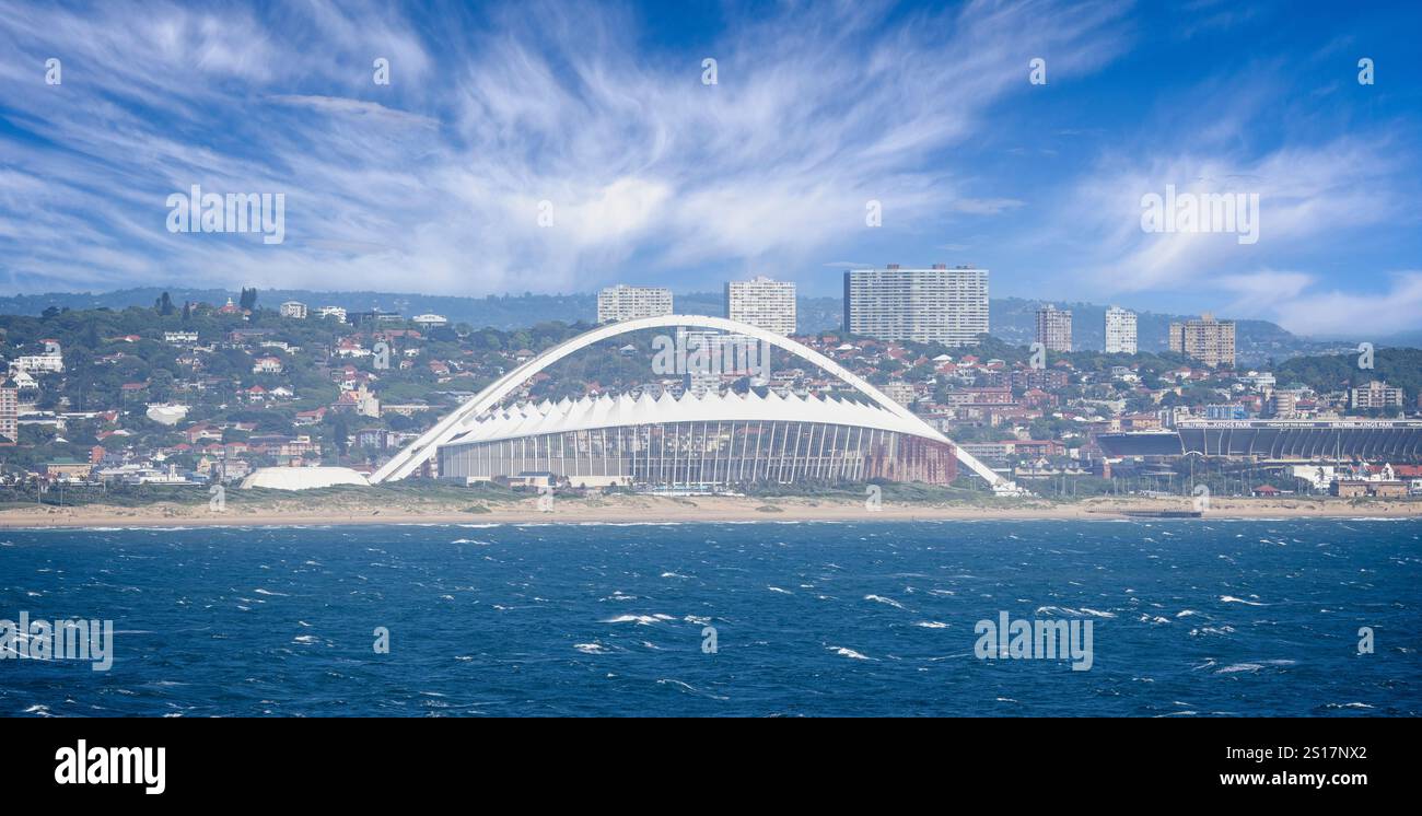 Coastline cityscape of Durban including Moses Mabhida Stadium, from sea ...