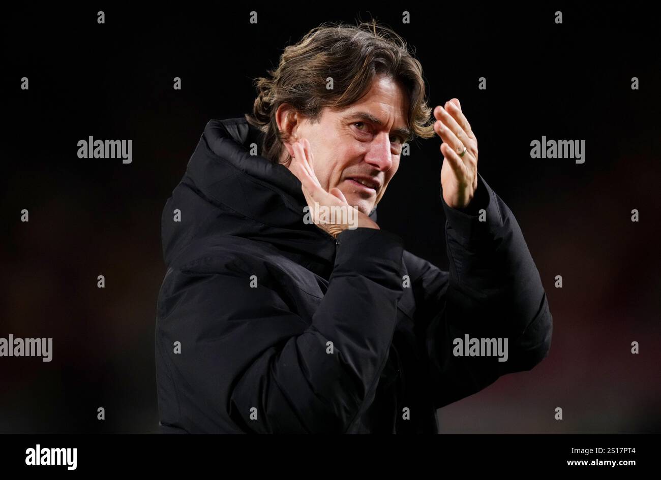 Brentford manager Thomas Frank acknowledges the crowd at the final ...