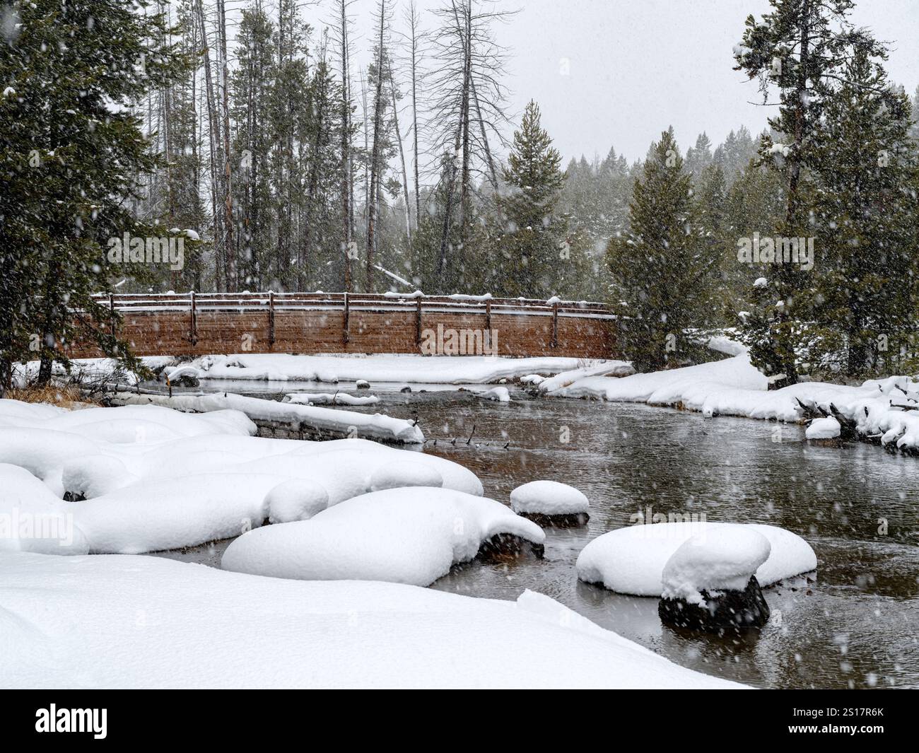 Foot bridge leads over a stream during a winter snow storm Stock Photo ...