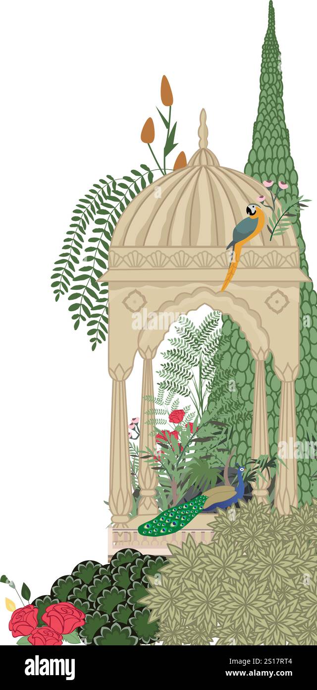 Traditional Indian Mughal arch garden, peacock, parrot plant vector ...