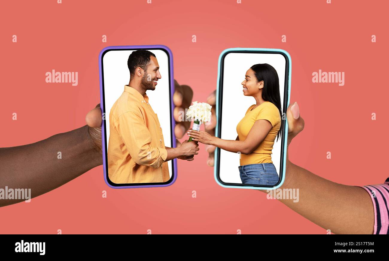 Couple connecting through smartphone messages while sharing heartfelt ...