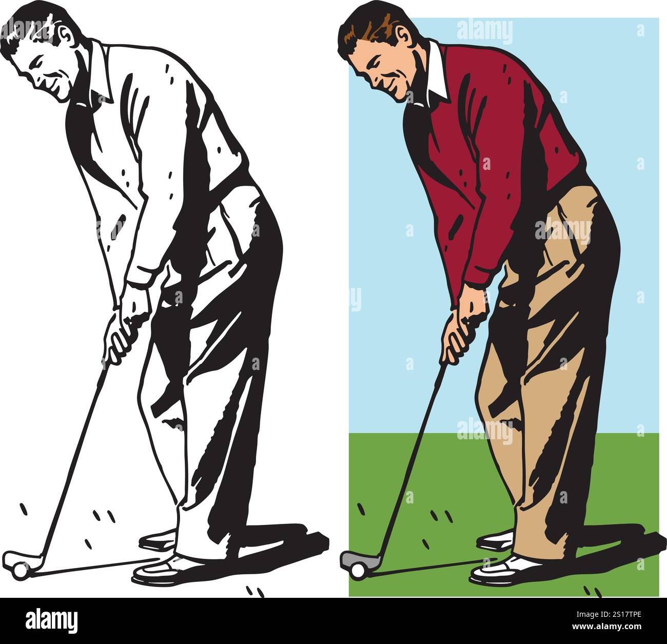 A vintage retro illustration of a man putting a golf ball at a golf ...