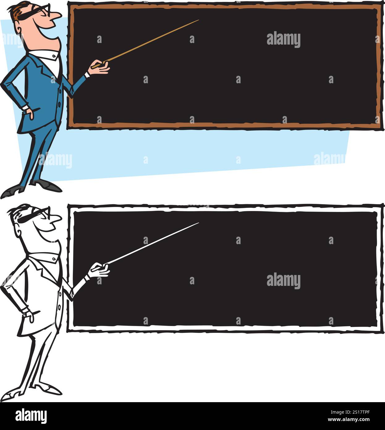A vintage retro cartoon of a businessman pointing at a blank chalkboard ...