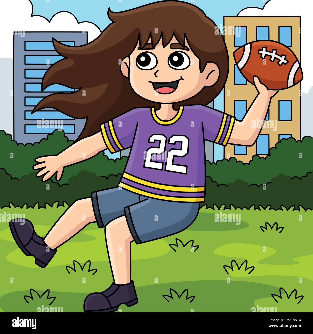 American Football Girl Kid Playing Colored Cartoon Stock Vector Image ...
