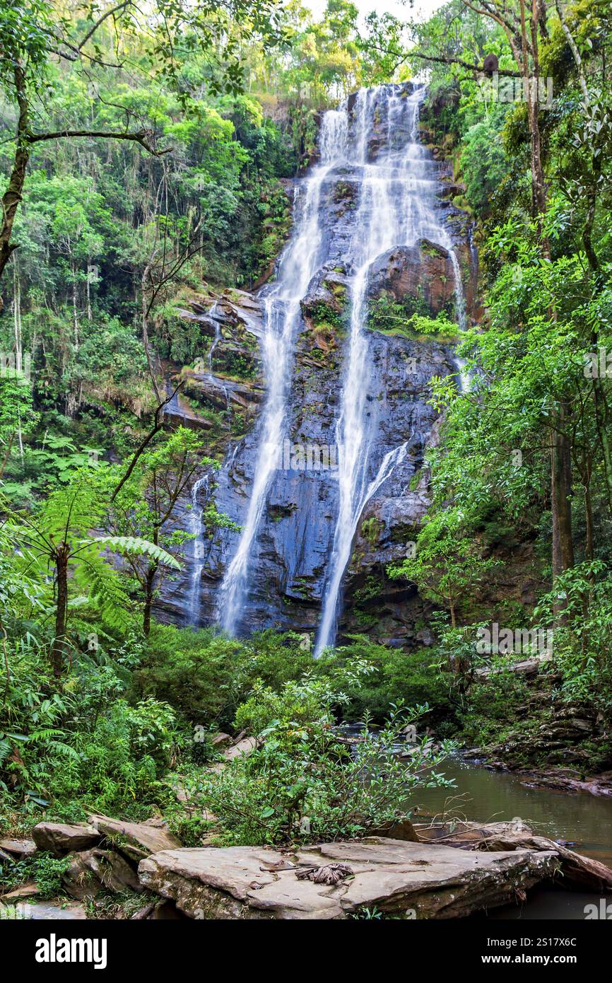 Cascade inside the rainforest surrounded by rocks and vegetation in ...