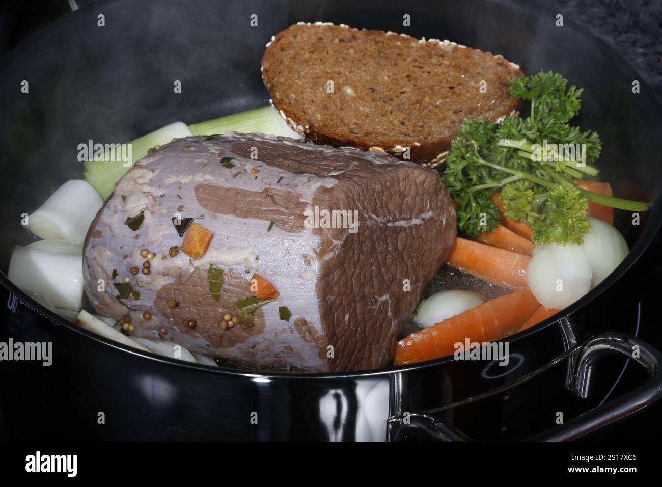 German cuisine, preparation sauerbraten with mashed potatoes, meat dish ...