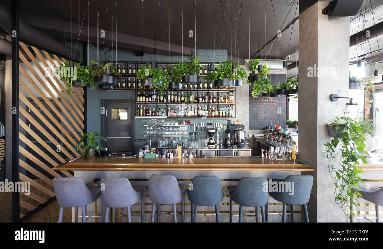 Different beverages on bar counter in modern cafe, online bar Stock ...
