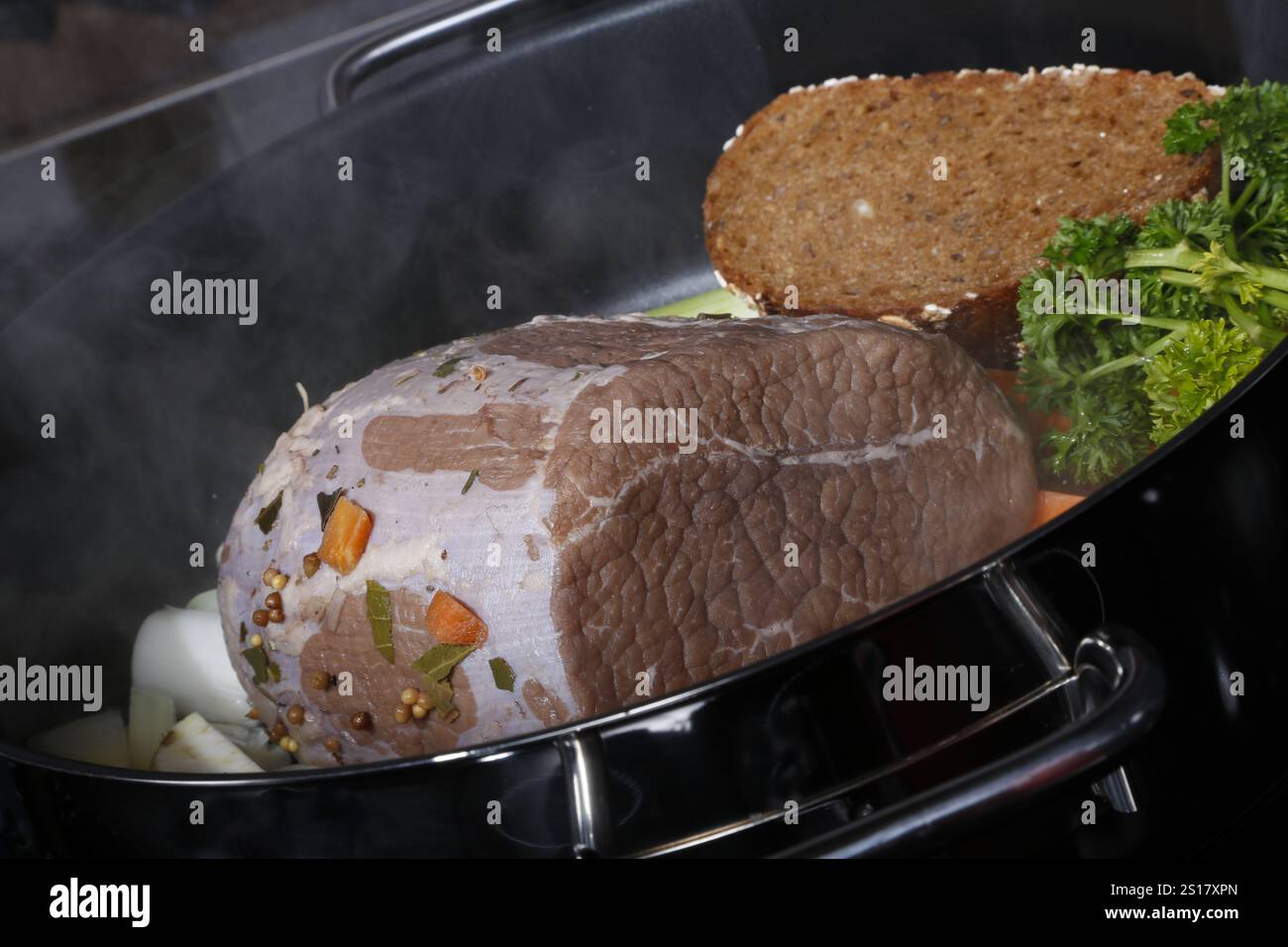 German cuisine, preparation sauerbraten with mashed potatoes, meat dish ...