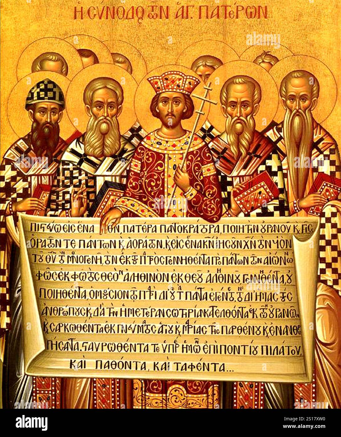 FIRST COUNCIL OF NICAEA. 325 AD with Constantine the Great flanked by some of the Bishops Stock ...