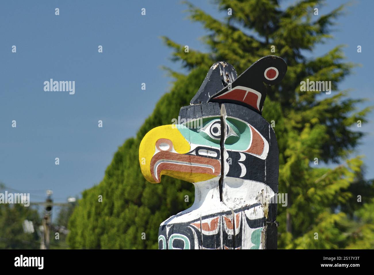 A detailed totem pole with a stylised bird's head outdoors, totems at ...