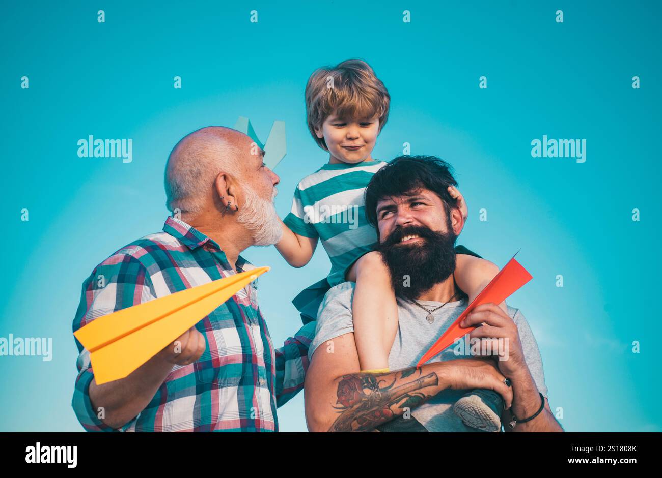 Three men generation. Generation concept. Airplane ready to fly. Three ...