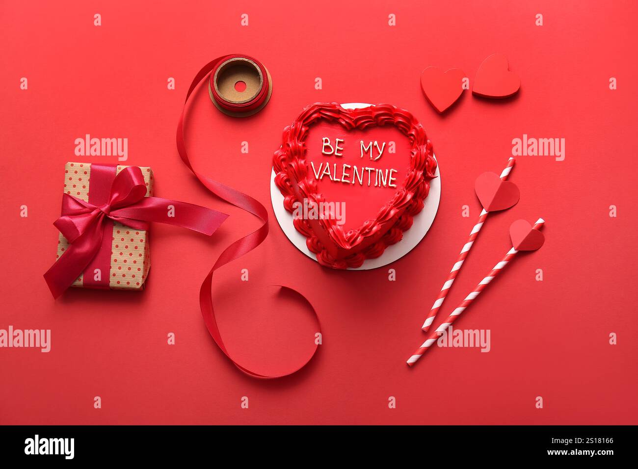 Sweet bento cake with gift box and hearts on red background. Valentine ...