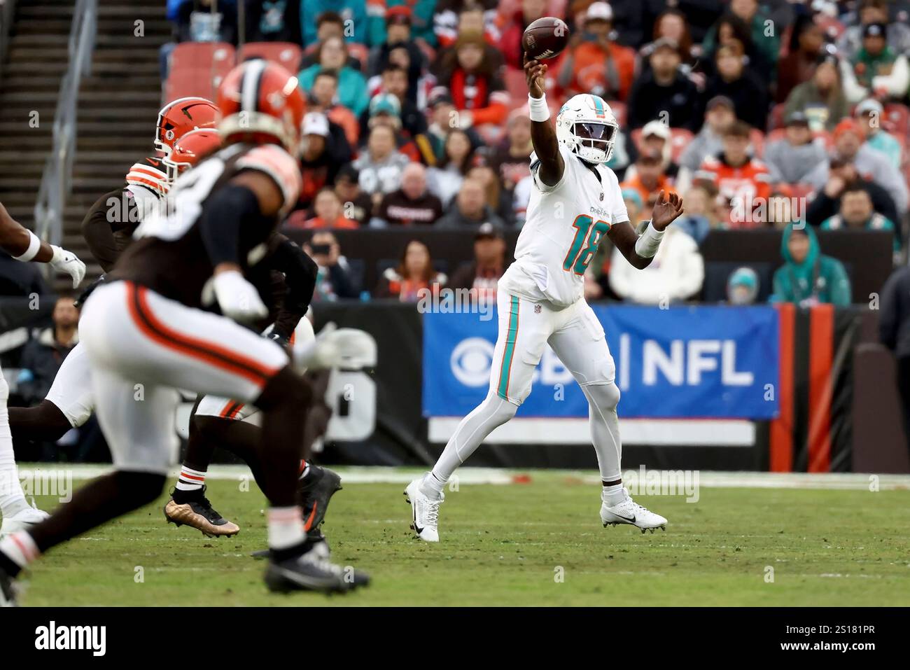 Miami Dolphins quarterback Tyler Huntley (18) throws the ball during an ...