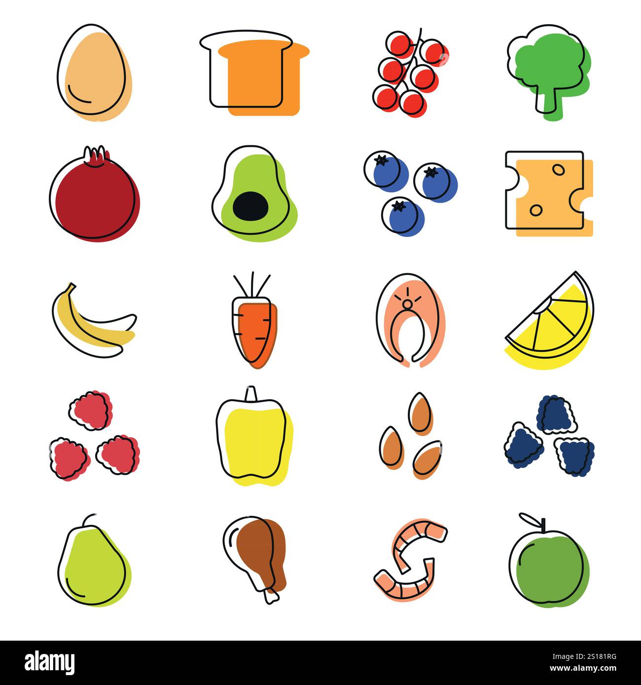 Healthy food line icons. A set of meals icon in color. For superfood ...