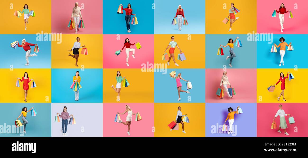 Diverse group of people enjoying shopping deals in a colorful collage ...