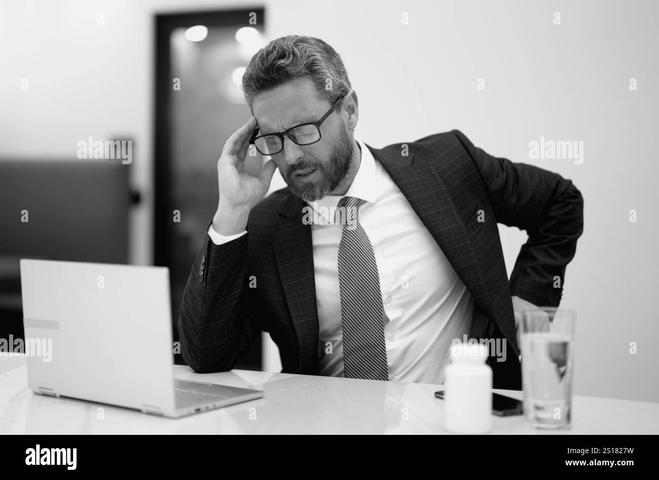 Tired, headache and eye strain on laptop. Man with stress, burnout and ...