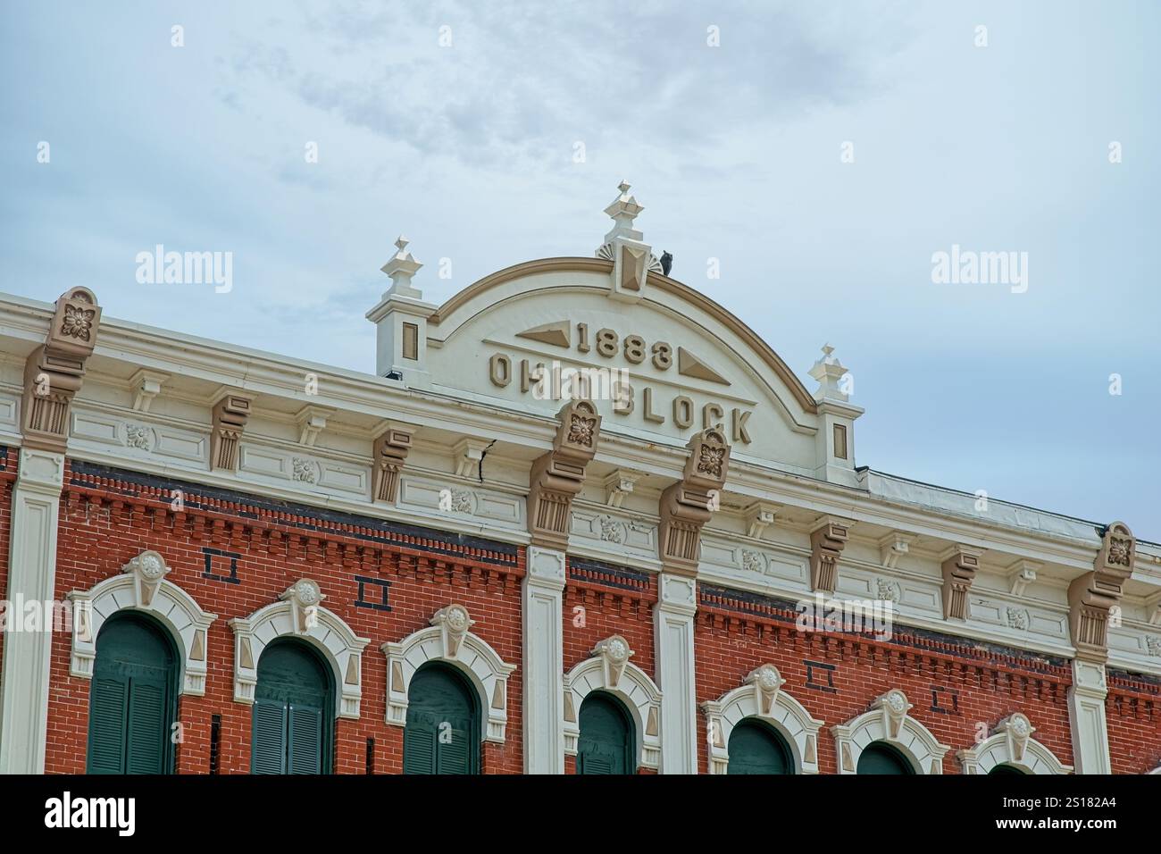 Decorative cornice and pediment of The Ohio Block building on Broadway ...