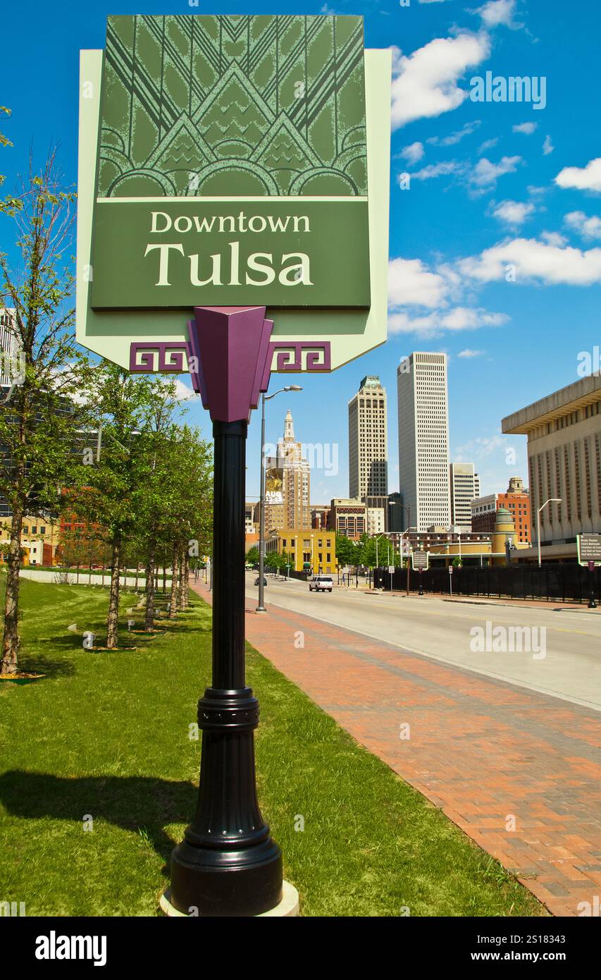Art Deco sign in downtown city center skyline of Tulsa, Oklahoma - USA ...