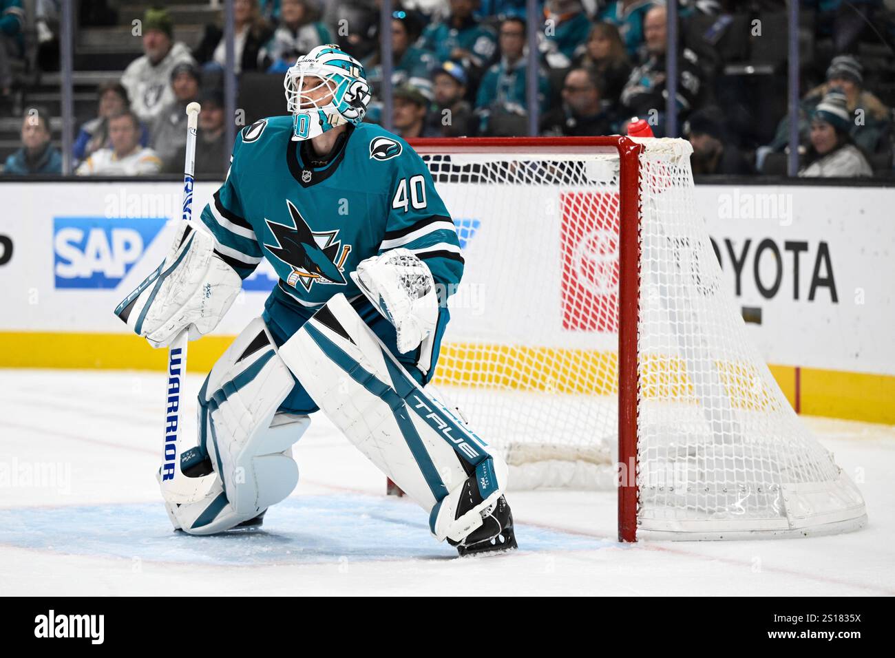 San Jose Sharks goaltender Alexandar Georgiev (40) looks on against the ...