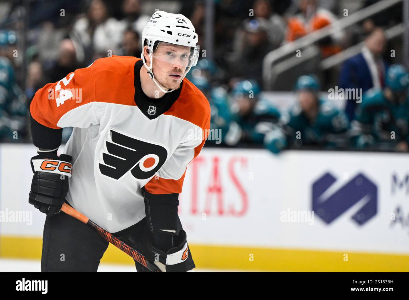 Philadelphia Flyers defenseman Nick Seeler (24) looks on during the ...