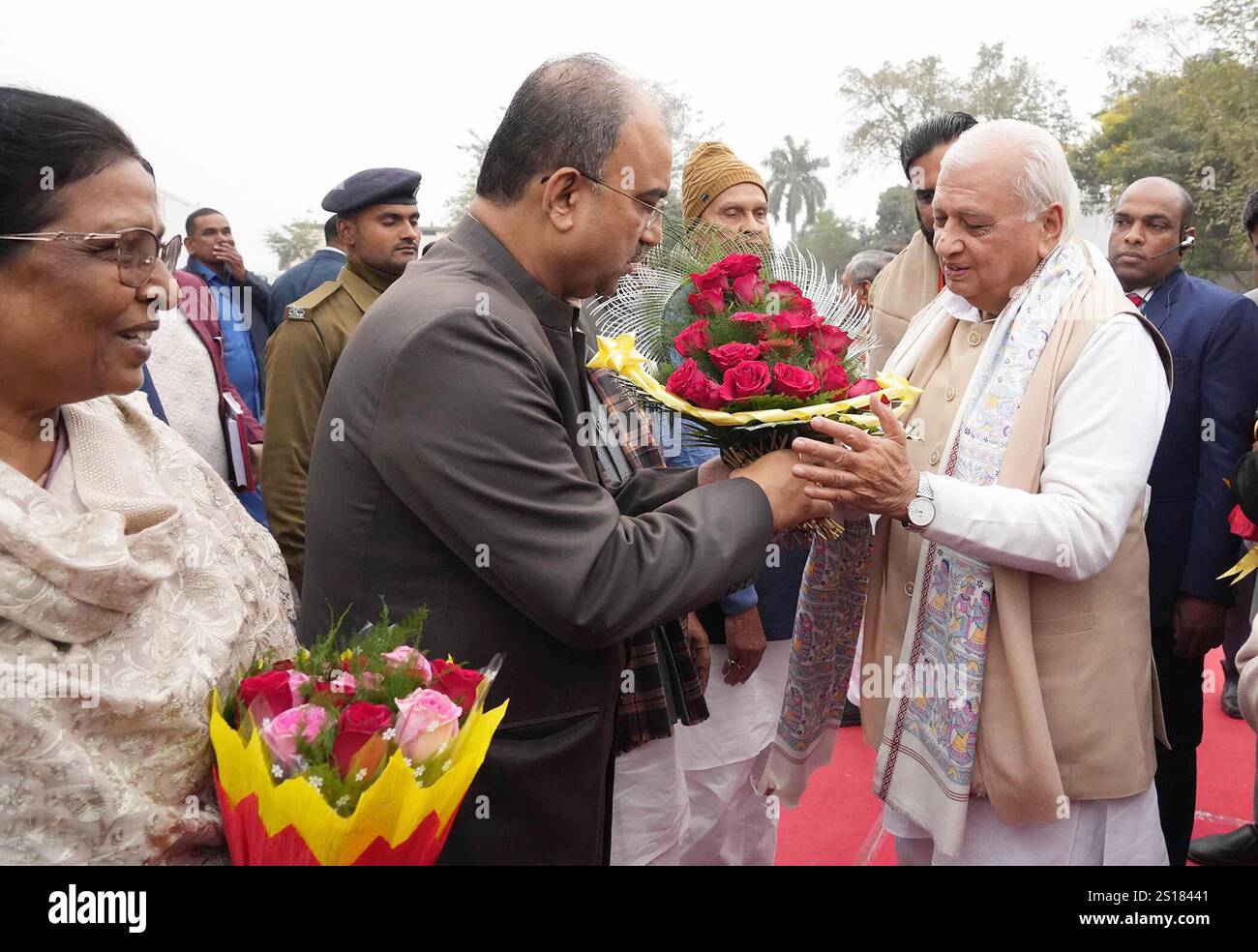 PATNA, INDIA - DECEMBER 30: Bihar Minister Mangal Pandey welcoming new Bihar Governor Arif ...