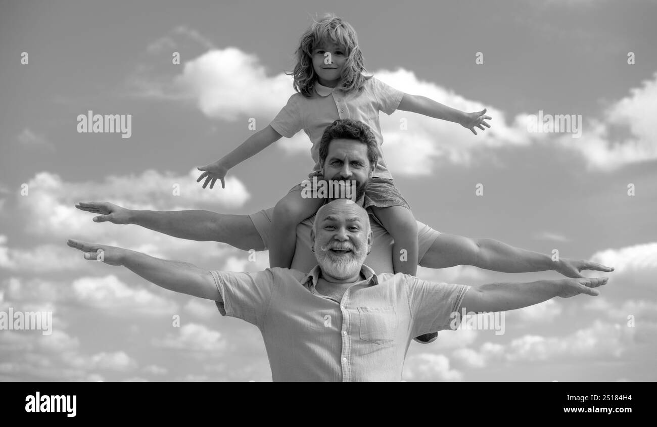 Father, son and grandfather happy multi genration family with aising ...