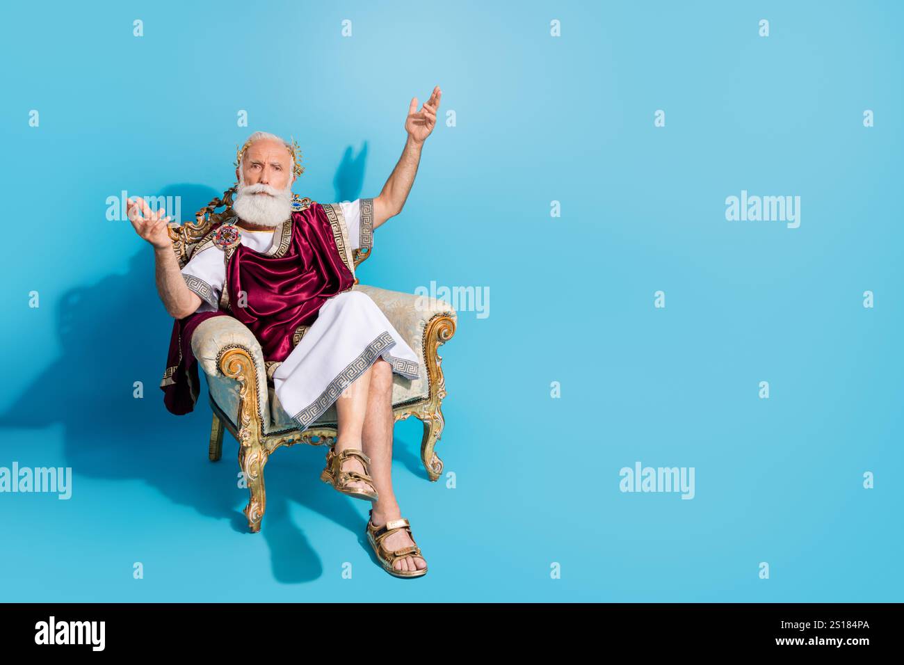 Full size photo of ancient leader toga costume man sit throne empty ...