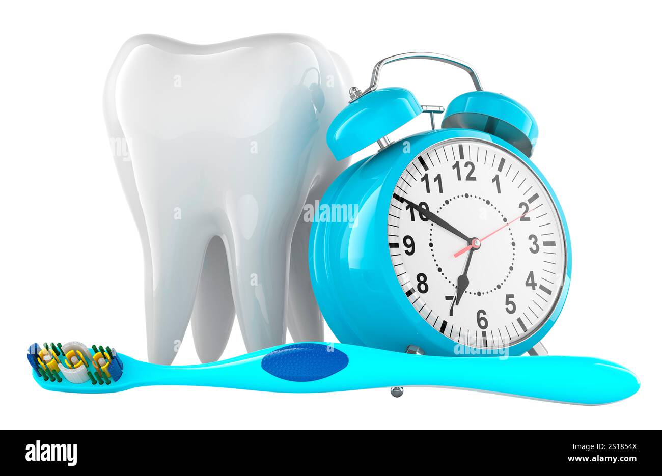 Tooth with tooth brush and alarm clock. 3D rendering isolated on white ...