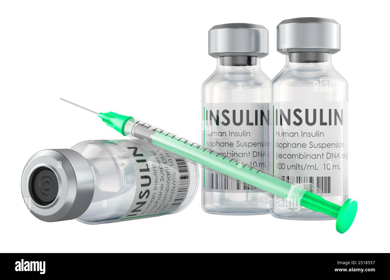 Insulin Vials and syringe, 3D rendering isolated on white background ...
