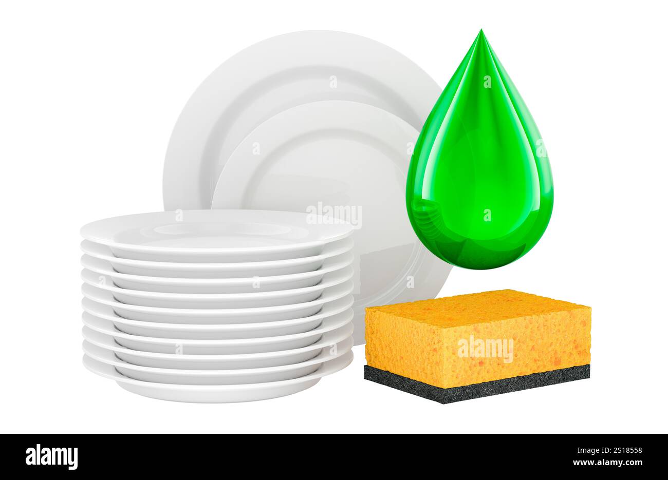 Stack of clean plates, sponge and drop of dishwashing detergent, 3D ...
