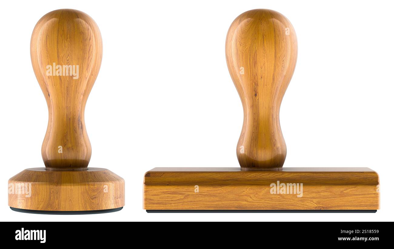 Wood Rubber Stamps, round and rectangular shapes. 3D rendering isolated ...