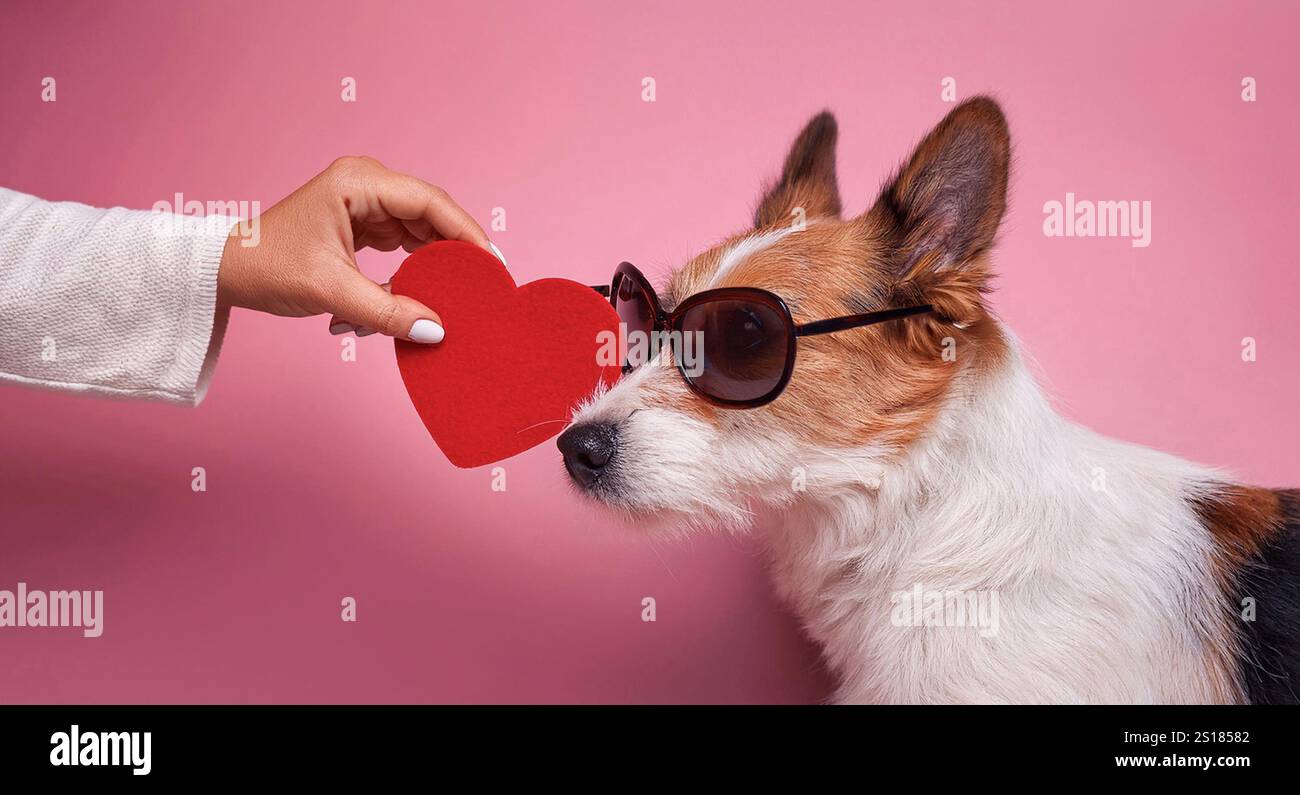 Human hand handing a heart to a dog, isolated on a pink background ...
