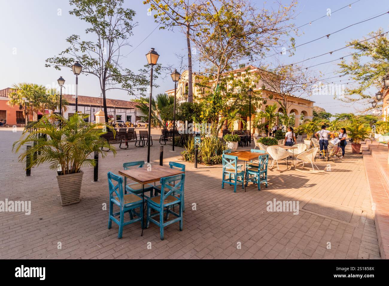 MOMPOX, COLOMBIA - MARCH 3, 2023: Restaurants at Plaza Real de la ...