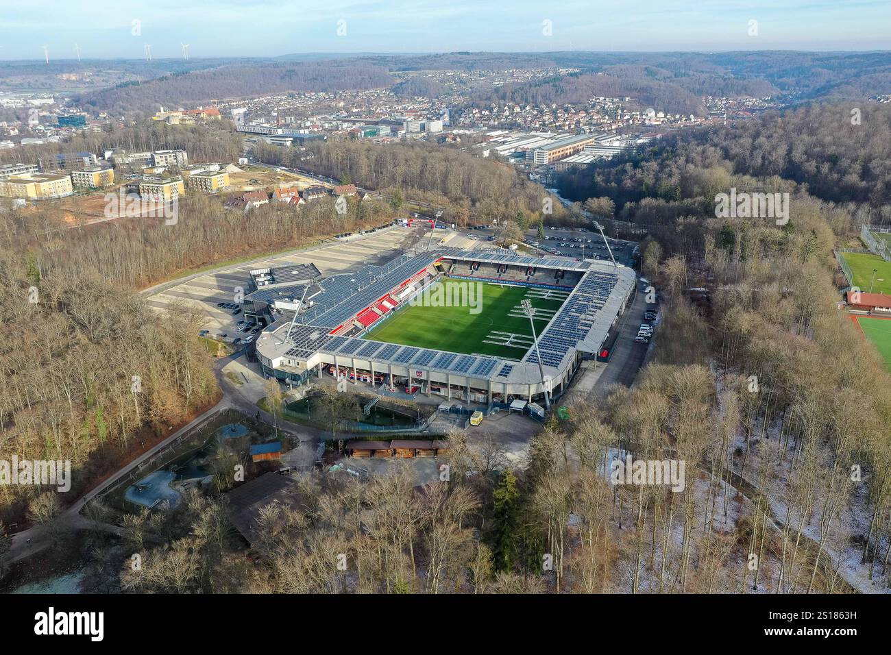 Die Voith Arena und Ihre Sportplaetze im winterlichen tau, Luftaufnahme, Uebersichtsbild, GER ...