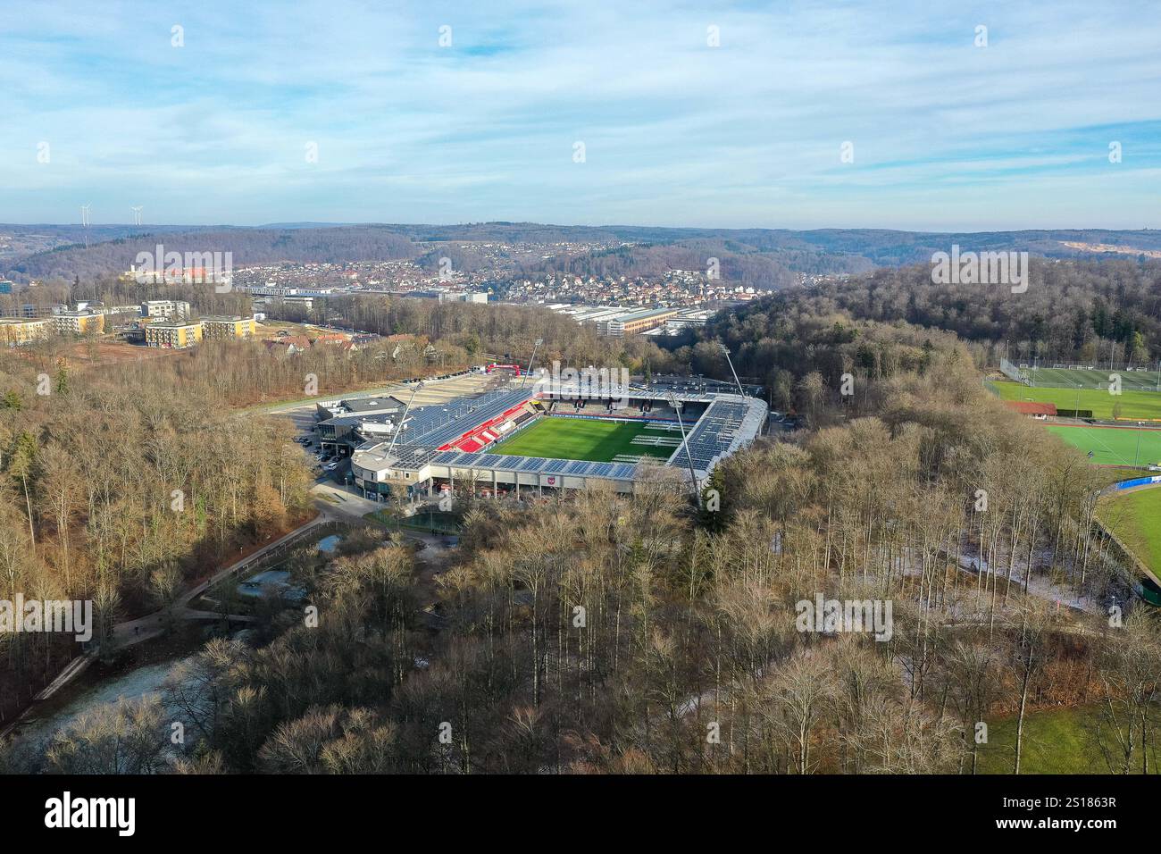 Die Voith Arena und Ihre Sportplaetze im winterlichen tau, Luftaufnahme, Uebersichtsbild, GER ...