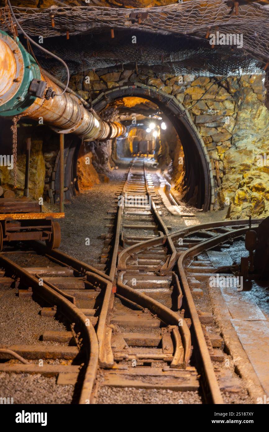 A historic mine shaft in Jachymov, Czechia reveals rusty tracks and ...