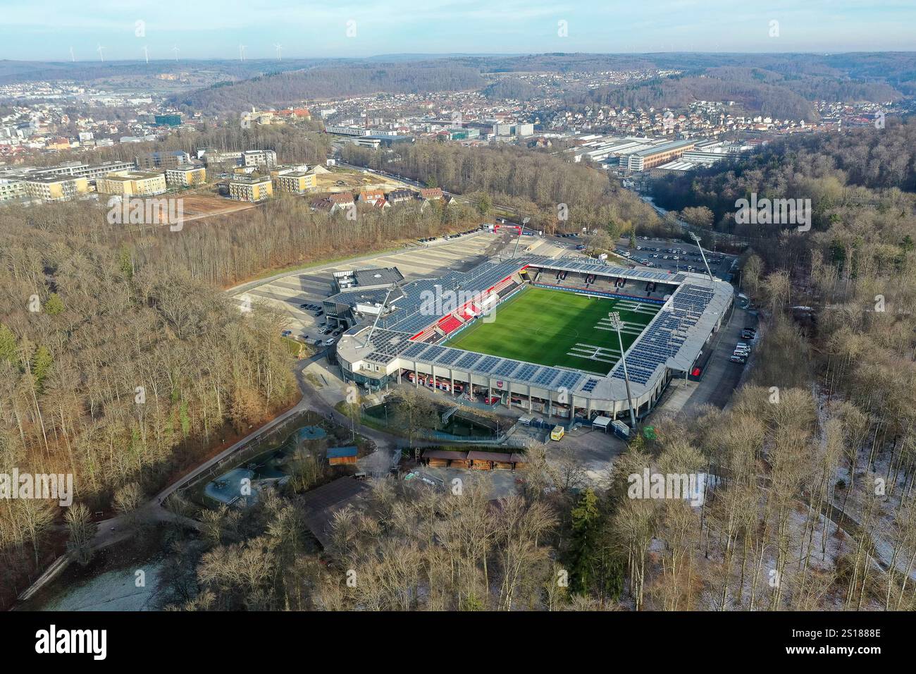 Heidenheim, Deutschland. 01st Jan, 2025. Die Voith Arena und Ihre Sportplaetze im winterlichen ...
