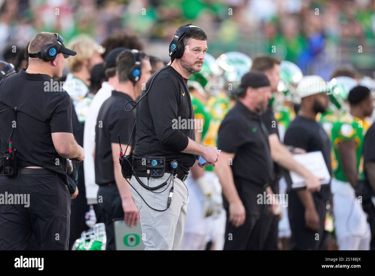 Oregon head coach Dan Lanning looks on from the sideline during the ...