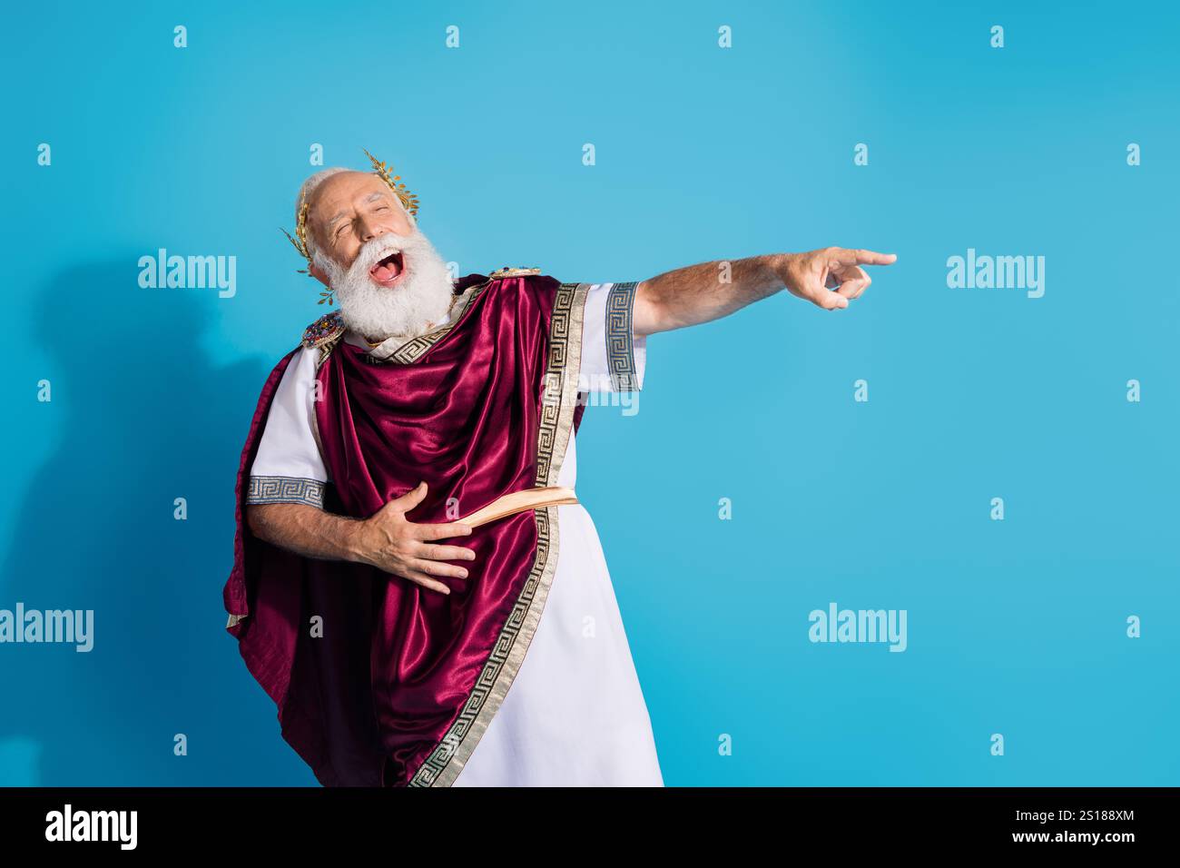 Photo of attractive old man point empty space laughing have fun dressed ...