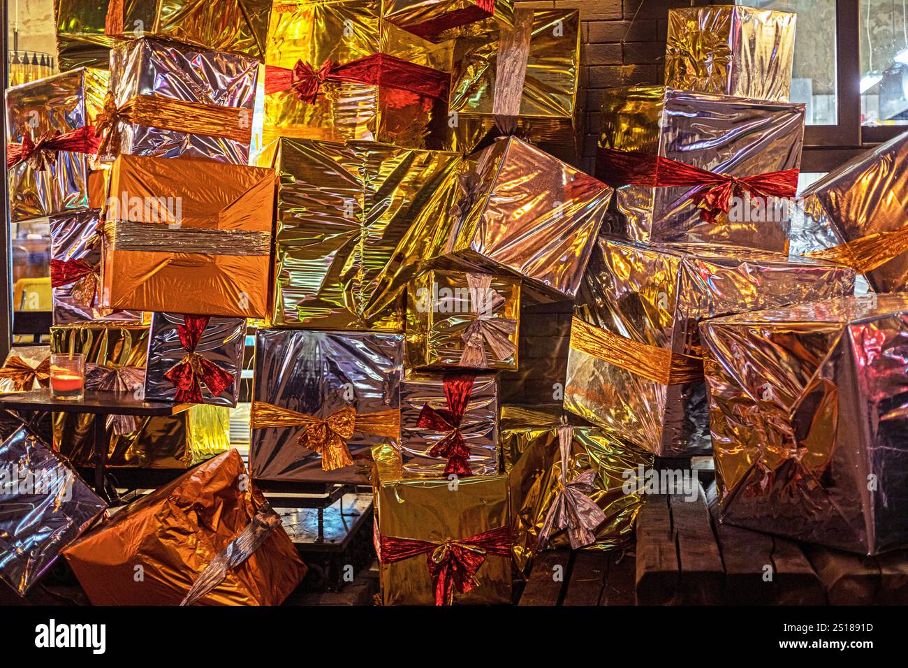 gift boxes with gold wrapping and ribbon. Holiday, Boxing Day, Party ...