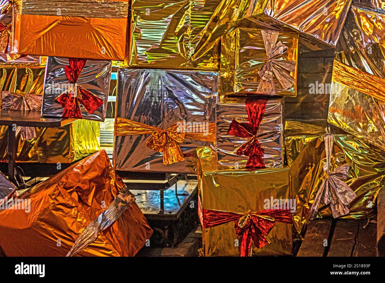 gift boxes with gold wrapping and ribbon. Holiday, Boxing Day, Party ...